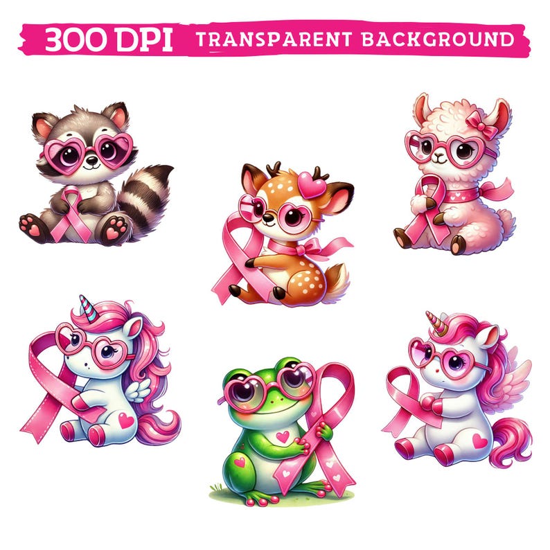 Cute Breast Cancer Awareness Animals Clipart, Watercolor Pink Ribbon ...