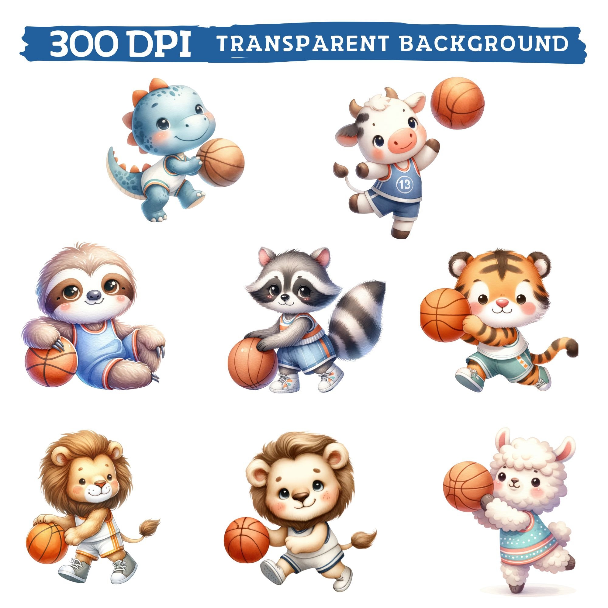 Basketball Animals Clipart, Watercolor Cute Cartoon Sports Nursery ...