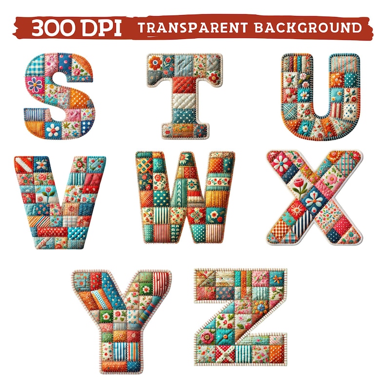 Patchwork Alphabet Clipart, Quilted Letters and Numbers, Sewing Font ...