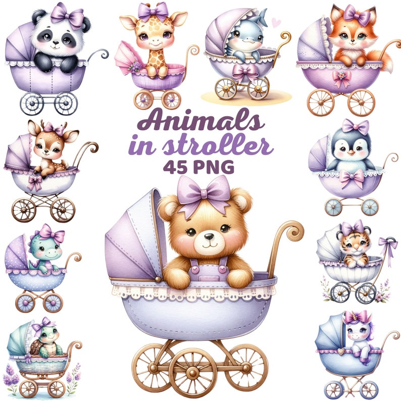 Baby Animals in Stroller Clipart, Watercolor Stroller Vintage Style ...