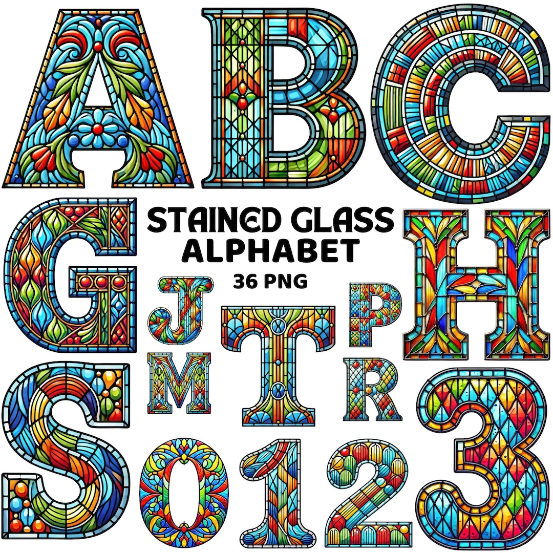 Stained Glass Alphabet Clipart, Colorful Vintage Letters & Numbers ...