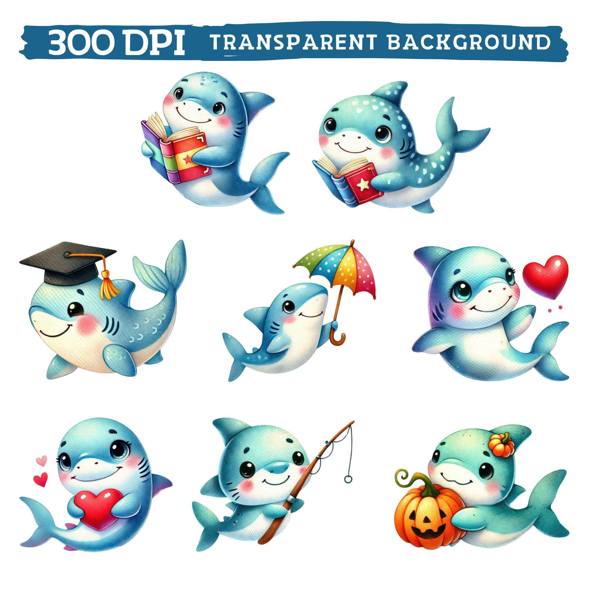 Cute Shark Clipart, Watercolor Ocean, Undersea Nursery Decor, Marine ...