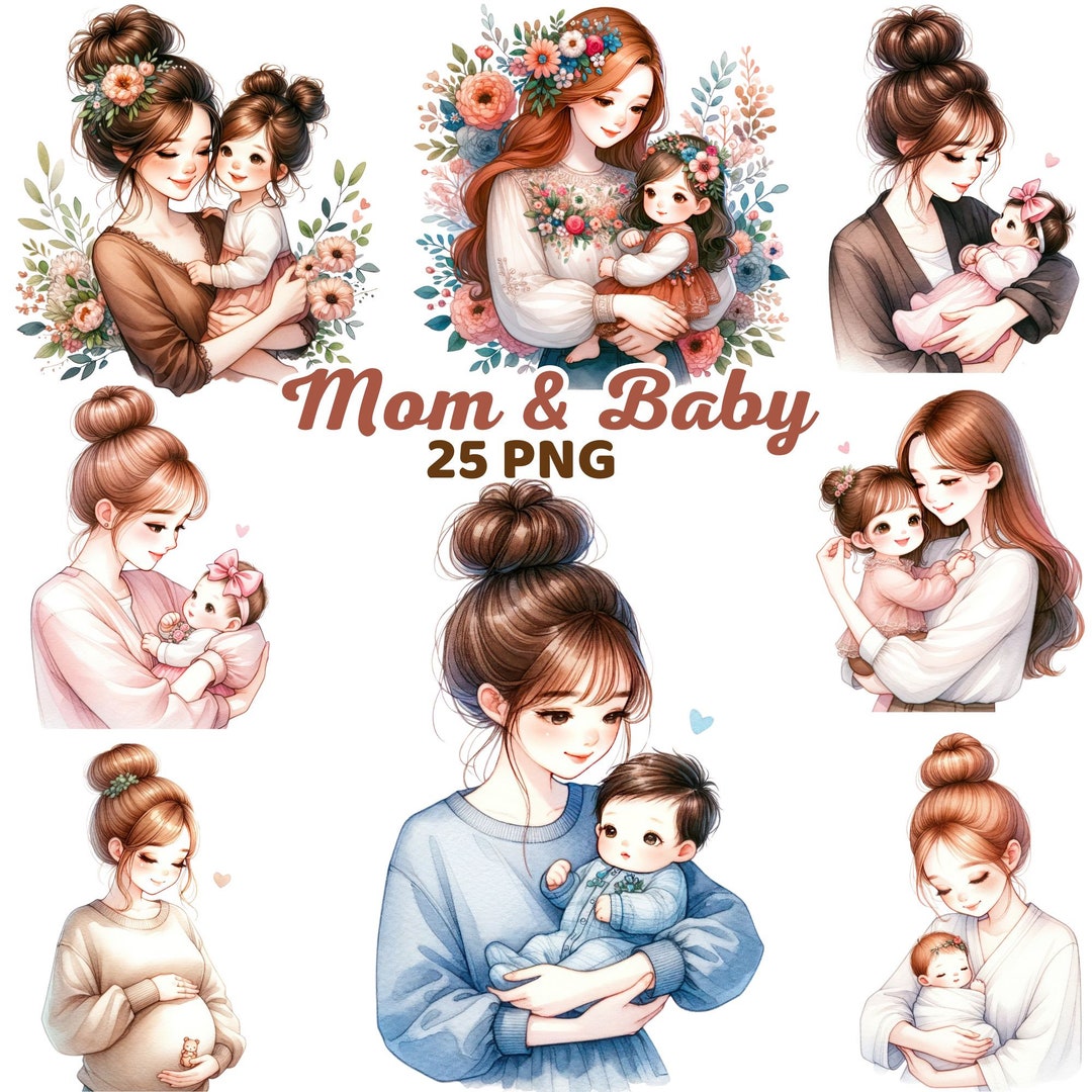 Cute Mom and Baby Clipart, Watercolor Family Love Nursery, Messy Bun ...