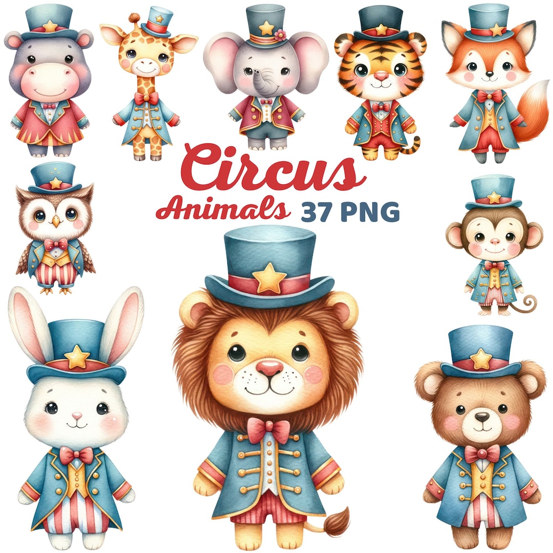 Adorable Circus Animal Clipart, Watercolor Cute Circus Animal Nursery ...