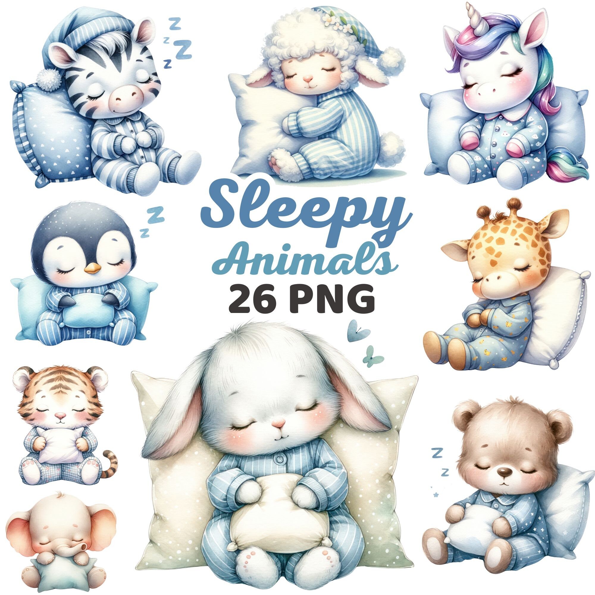 Watercolor Cute Sleepy Animals Clipart, Pajamas Sleeping Baby Animal ...