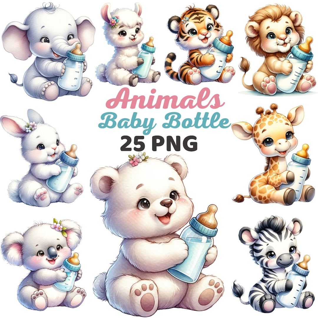 Watercolor Cute Baby Animals With Baby Bottle Clipart, Baby Animal ...