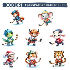 Hockey Animals Clipart, Watercolor Cute Cartoon Winter Sports Nursery ...