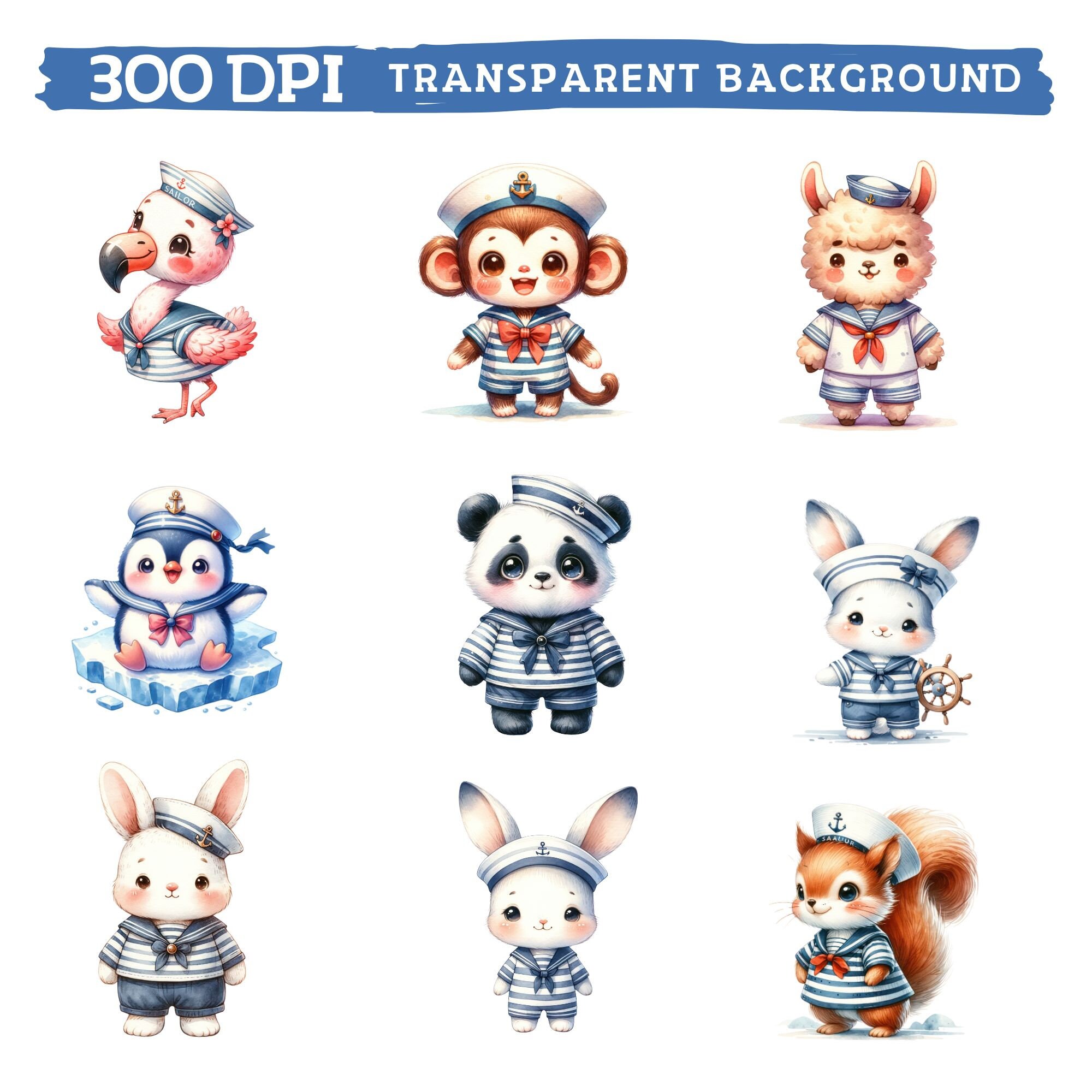 Watercolor Cute Sailor Animals Clipart, Sailor Baby Animal Nursery ...