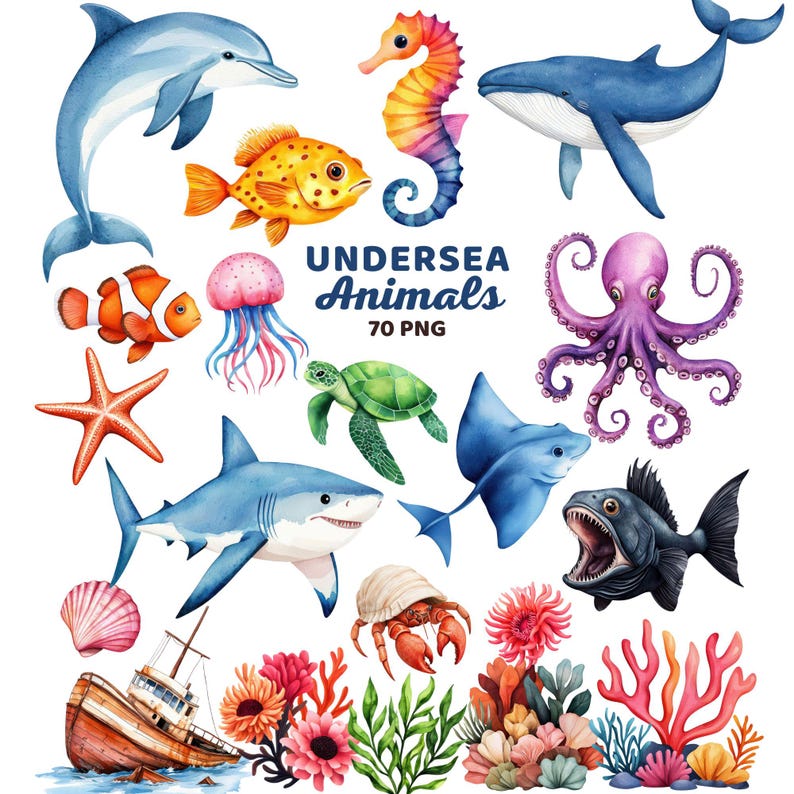 Undersea Animals Clipart, Watercolor Ocean Sea Creatures Coral Kids ...