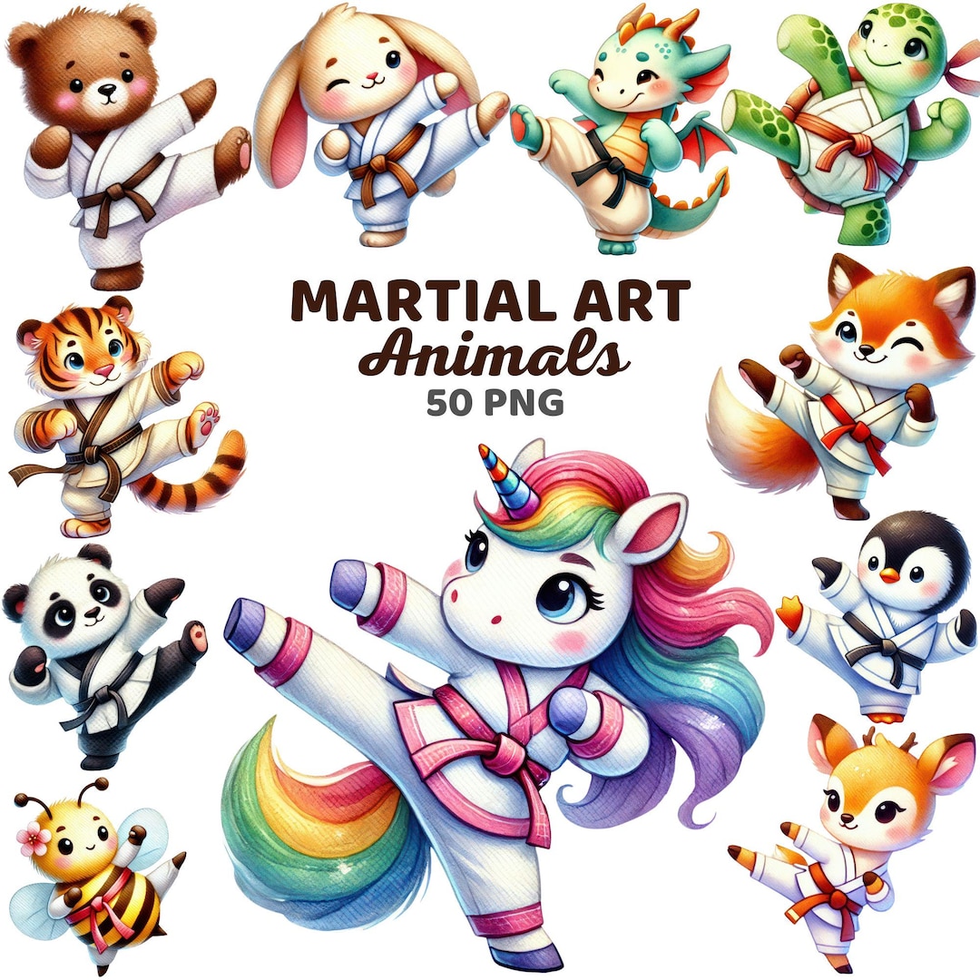 Martial Art Animals Clipart, Cute Watercolor Karate Animal, Nursery ...
