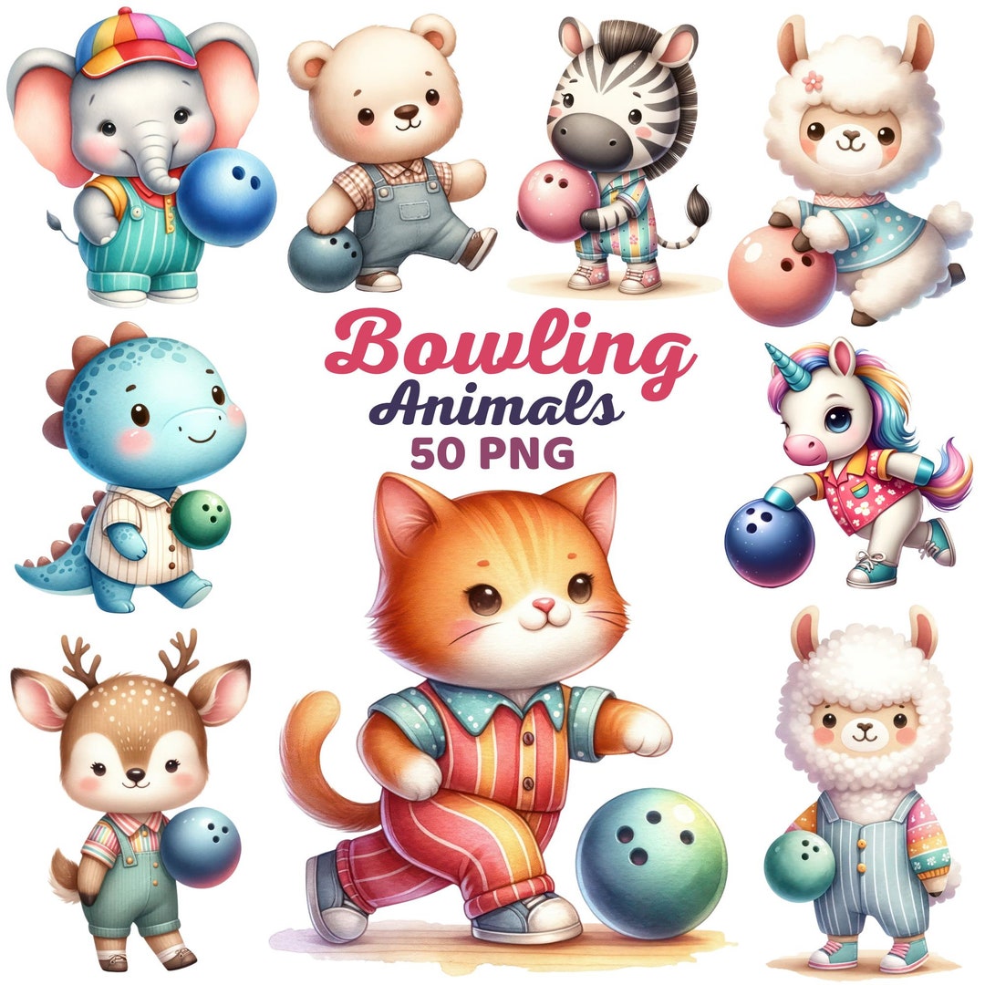 Cute Bowling Animals Clipart, Watercolor Cute Cartoon Bowler Nursery ...