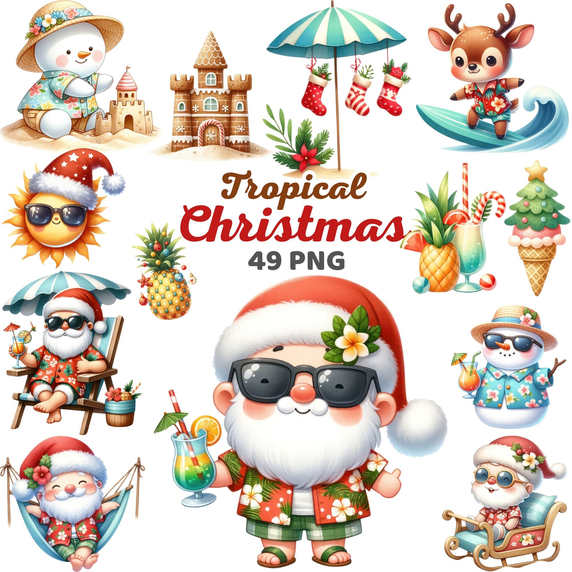 Tropical Christmas Clipart, Watercolor Cute Holiday Festive Summer ...