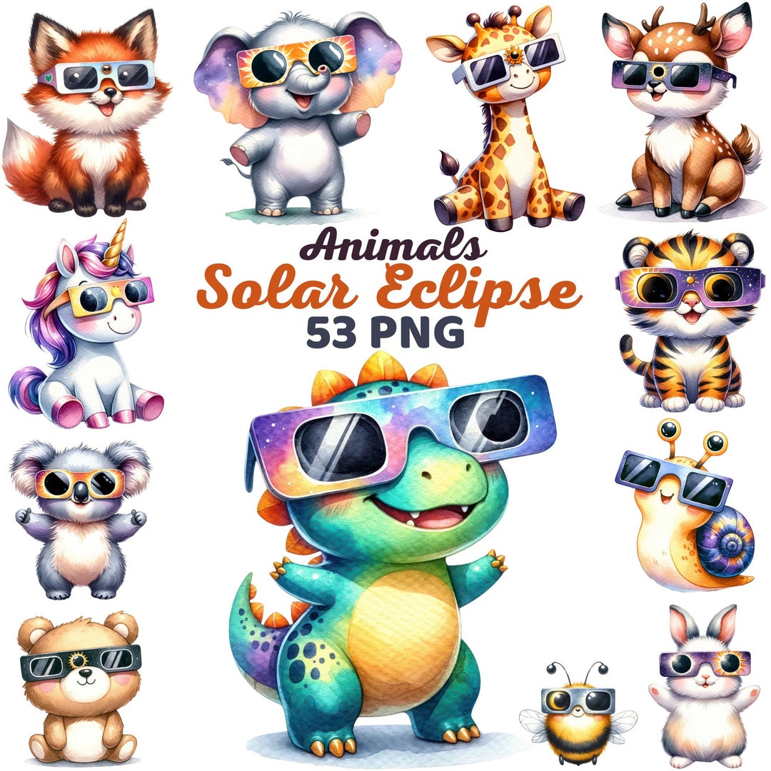 Cute Animals in Solar Eclipse Glasses Clipart, Watercolor Astronomy ...