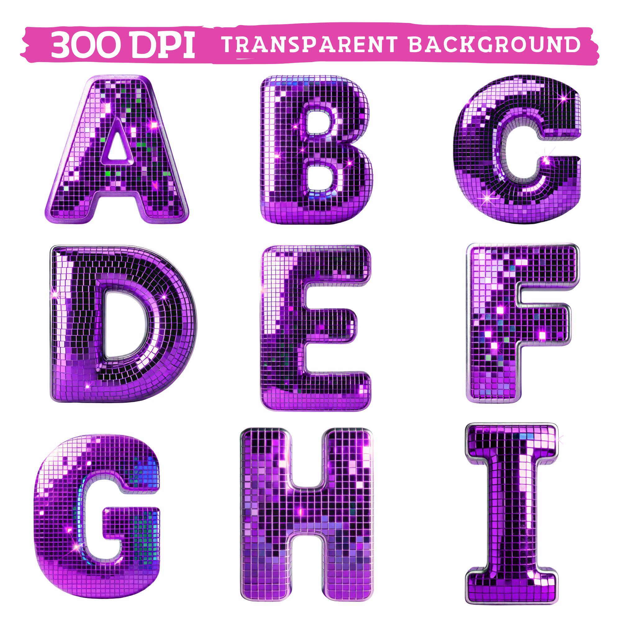Retro Disco Alphabet Clipart, Purple Shiny Mirror Ball Letters ...