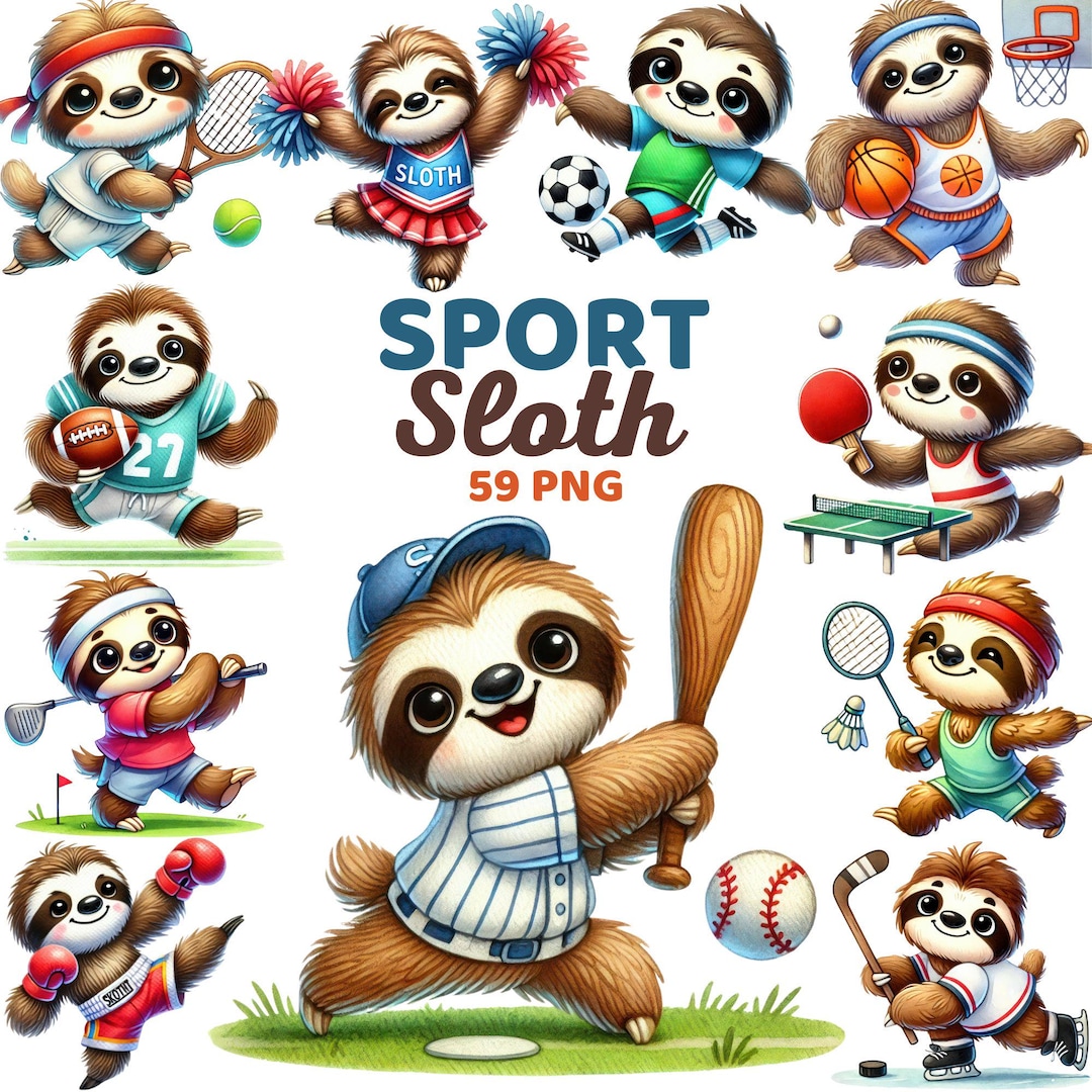Sport Sloth Clipart, Watercolor Cute Athletic Nursery Decor, Funny ...