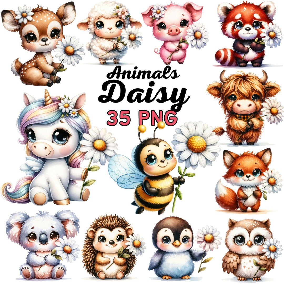 Watercolor Cute Animals Daisy Flower Clipart, Summer Animal Nursery ...