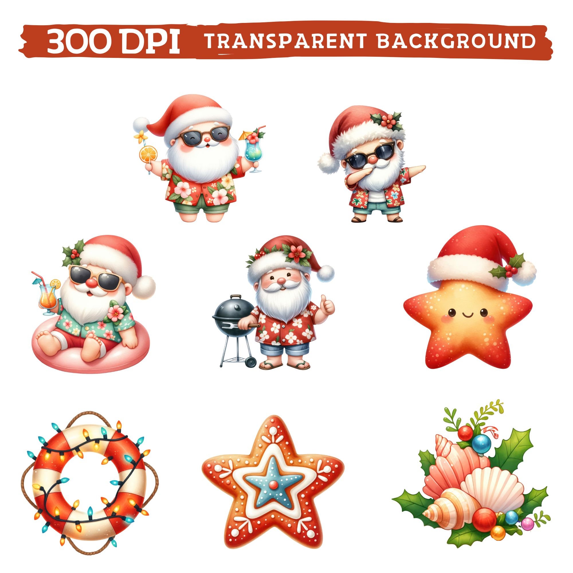 Tropical Christmas Clipart, Watercolor Cute Holiday Festive Summer ...