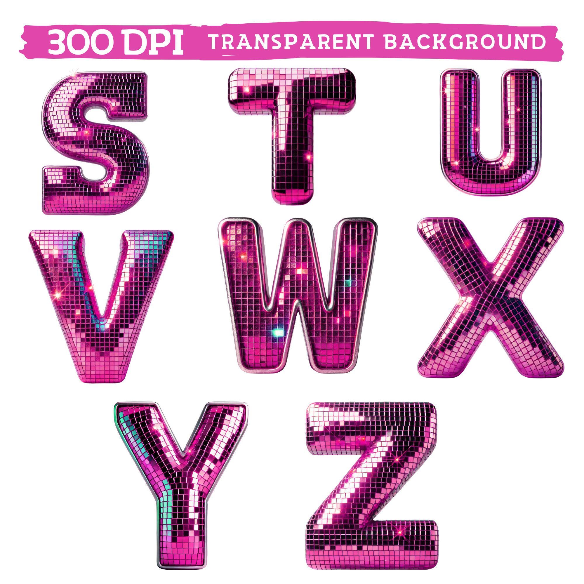 Retro Disco Alphabet Clipart, Pink Shiny Mirror Ball Letters & Numbers ...