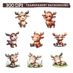 Adorable Moose Clipart, Watercolor Cute Baby Moose Nursery, Woodland ...