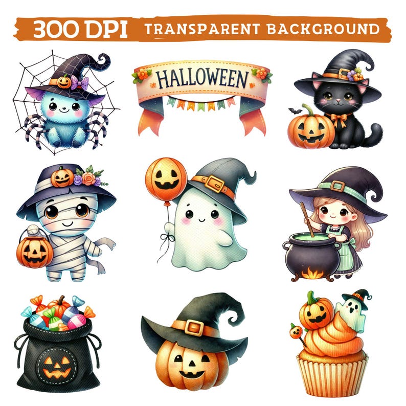 Cute Halloween Clipart, Spooky Watercolor Witchy, Nursery, Zombie ...