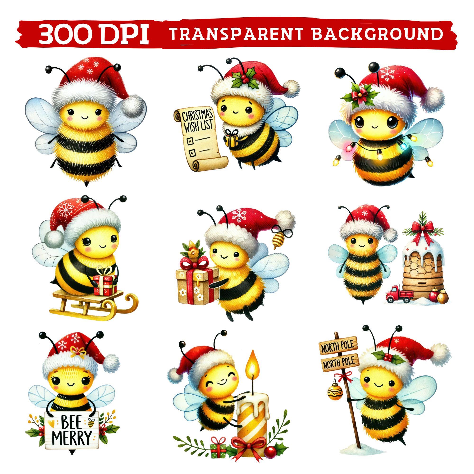 Christmas Bee Clipart, Watercolor Cute Holiday Bees, Nursery Decor ...