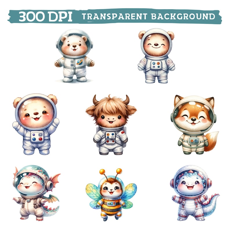 Cute Astronaut Animals Clipart, Watercolor Baby Animal Nursery, Fantasy ...