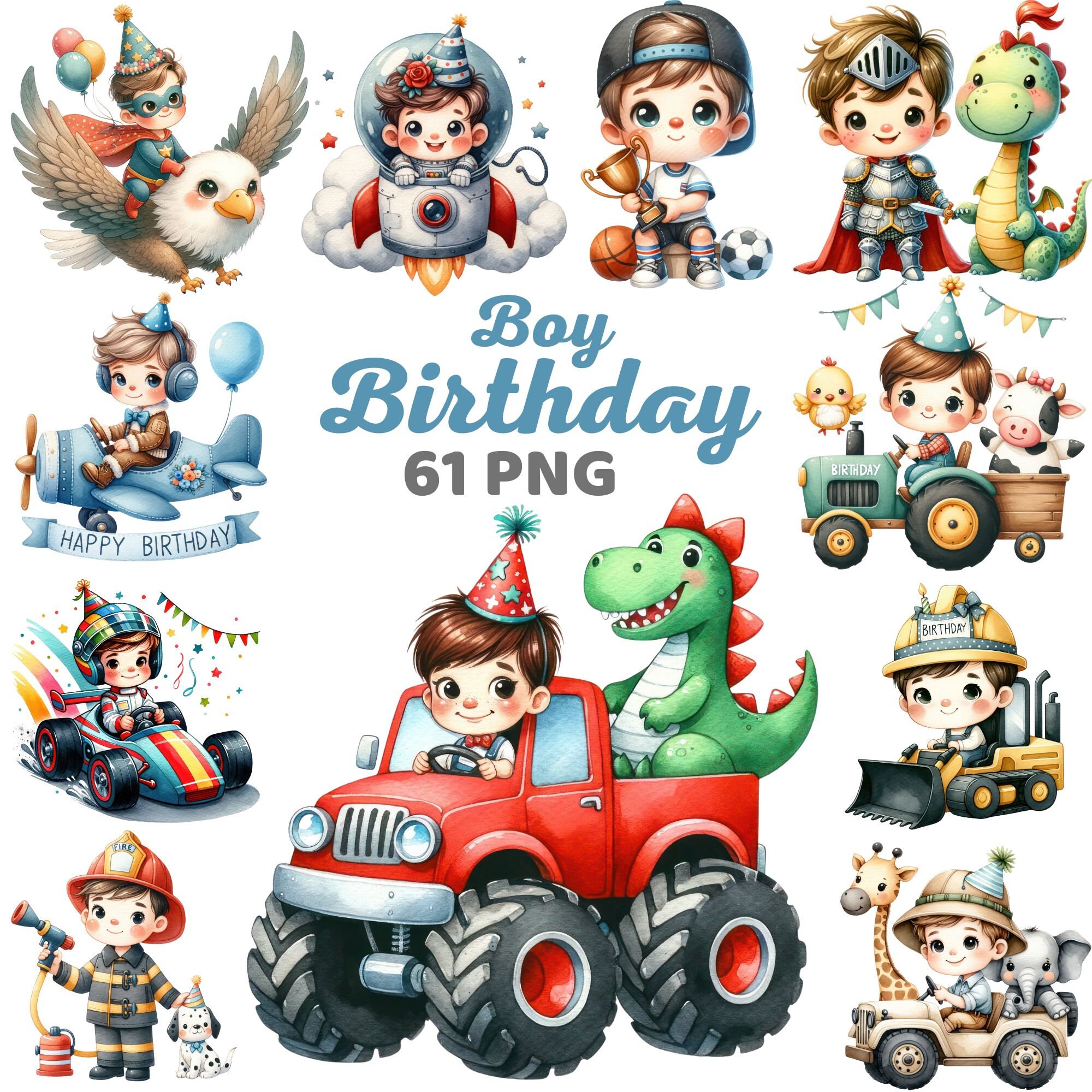 Boys Birthday Clipart, Watercolor Cute & Playful Party Kids Festive ...