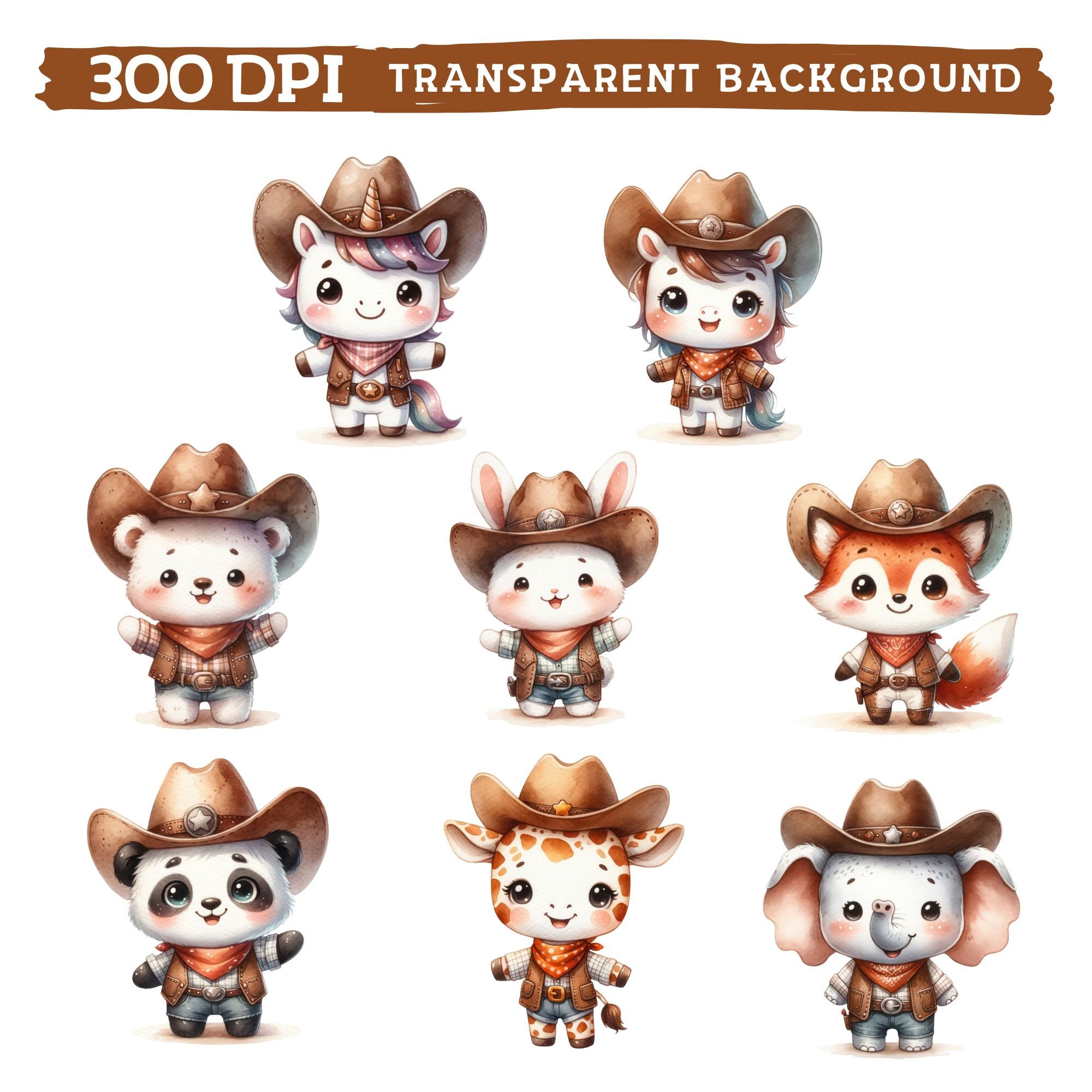 Adorable Cowboy Animal Clipart Set, Watercolor Western Animals Nursery ...