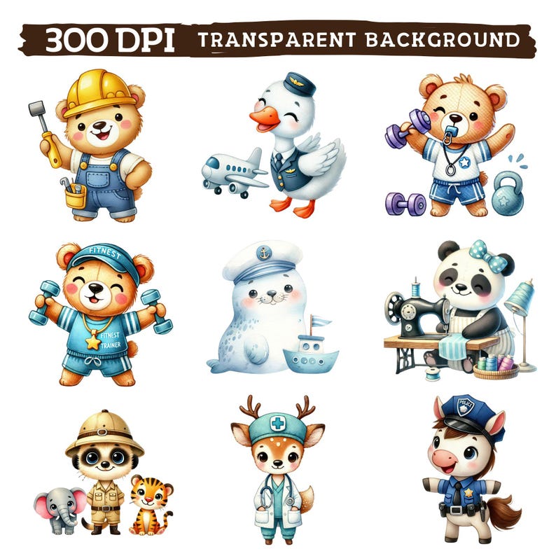 Labor Day Animals Clipart, Watercolor Cute Animal Workers, Occupation ...