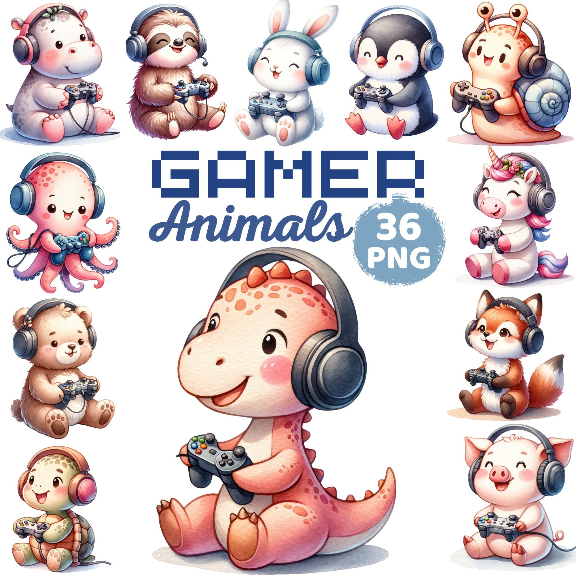 Watercolor Cute Gamer Animals Clipart, Gaming Animal Nursery, Dinosaur ...