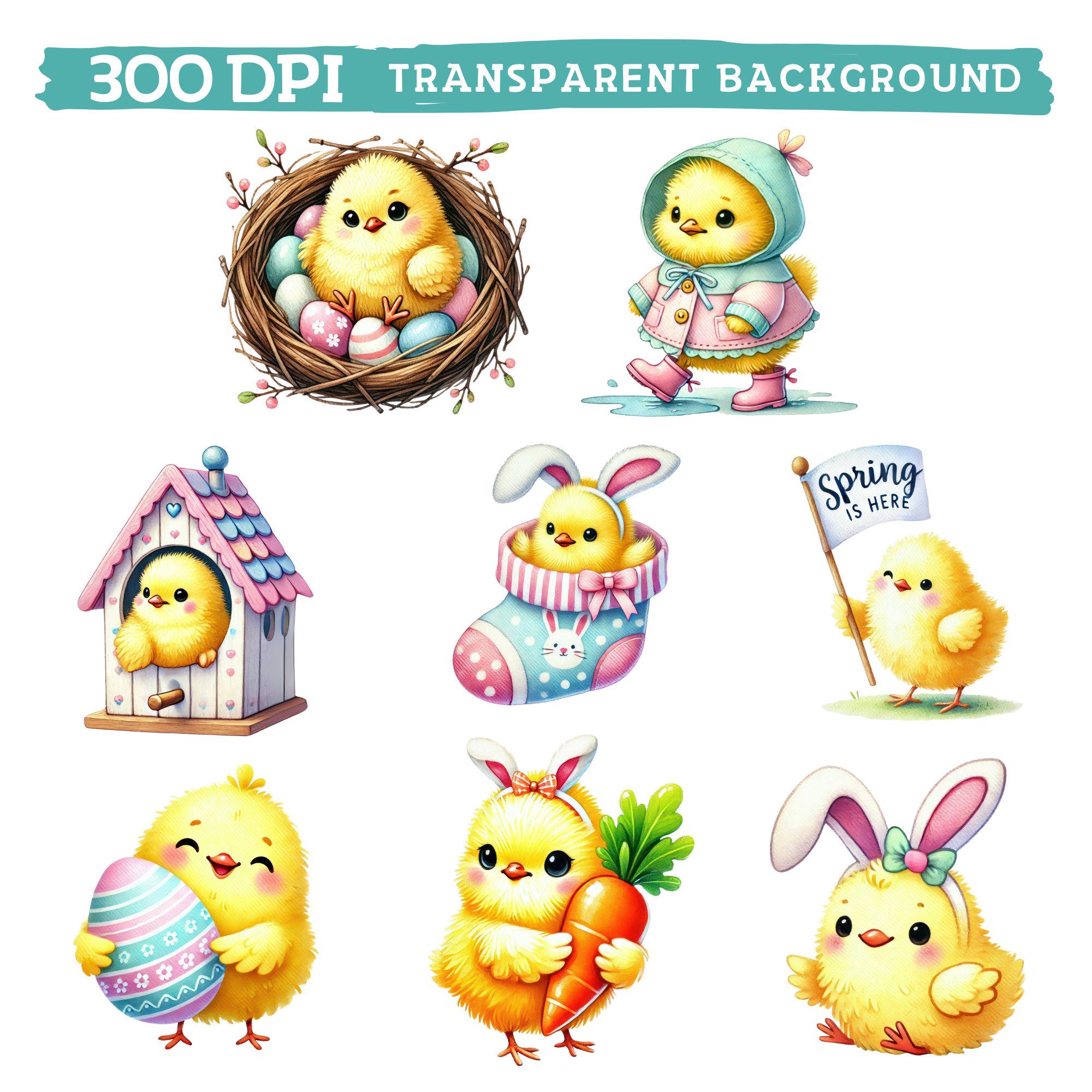 Cute Easter Chick Clipart, Watercolor Baby Chicken and Eggs, Farm ...