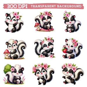 Cute Skunk Clipart, Watercolor Sweet Baby Skunks With Florals Sleep on ...