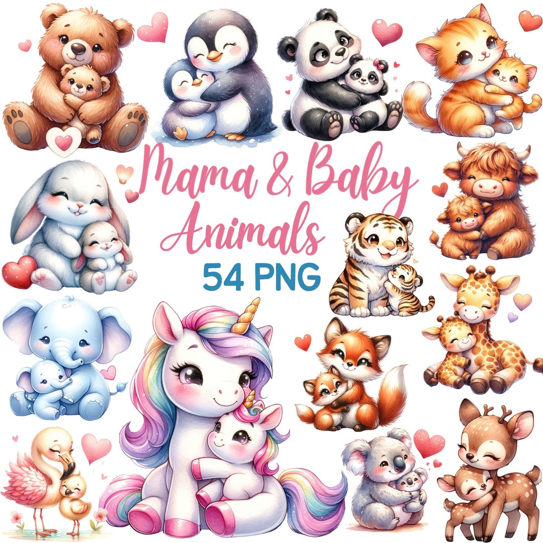 Watercolor Cute Mama and Baby Animals Clipart, Woodland Animal Nursery ...