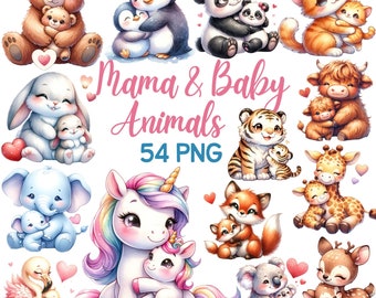 Watercolor Cute Mom and Baby Animals Clipart, Woodland Animal Nursery ...