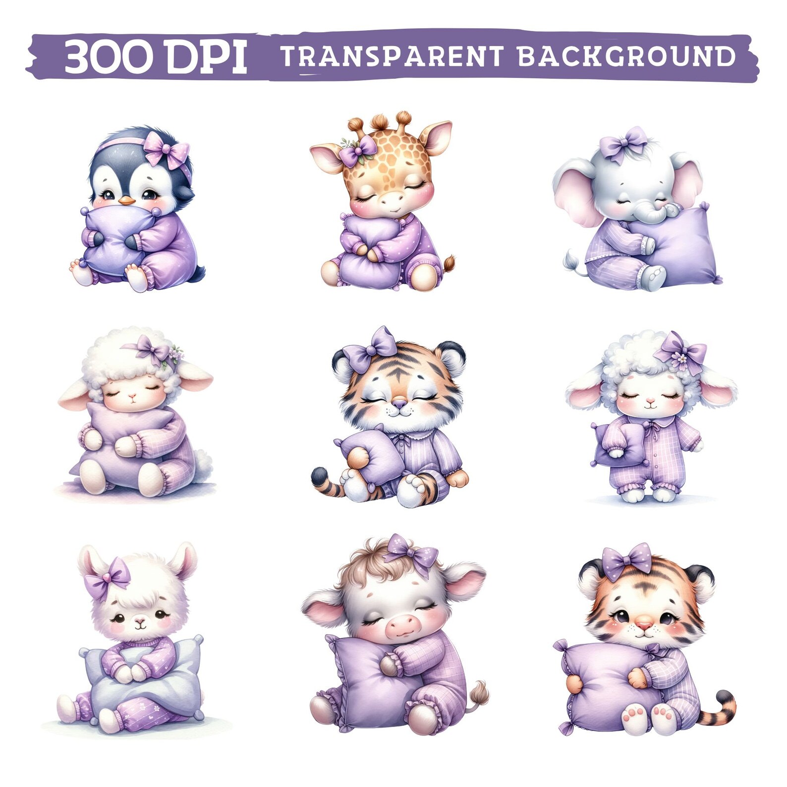Watercolor Cute Lilac Sleepy Animals Clipart, Purple Sleeping Baby ...