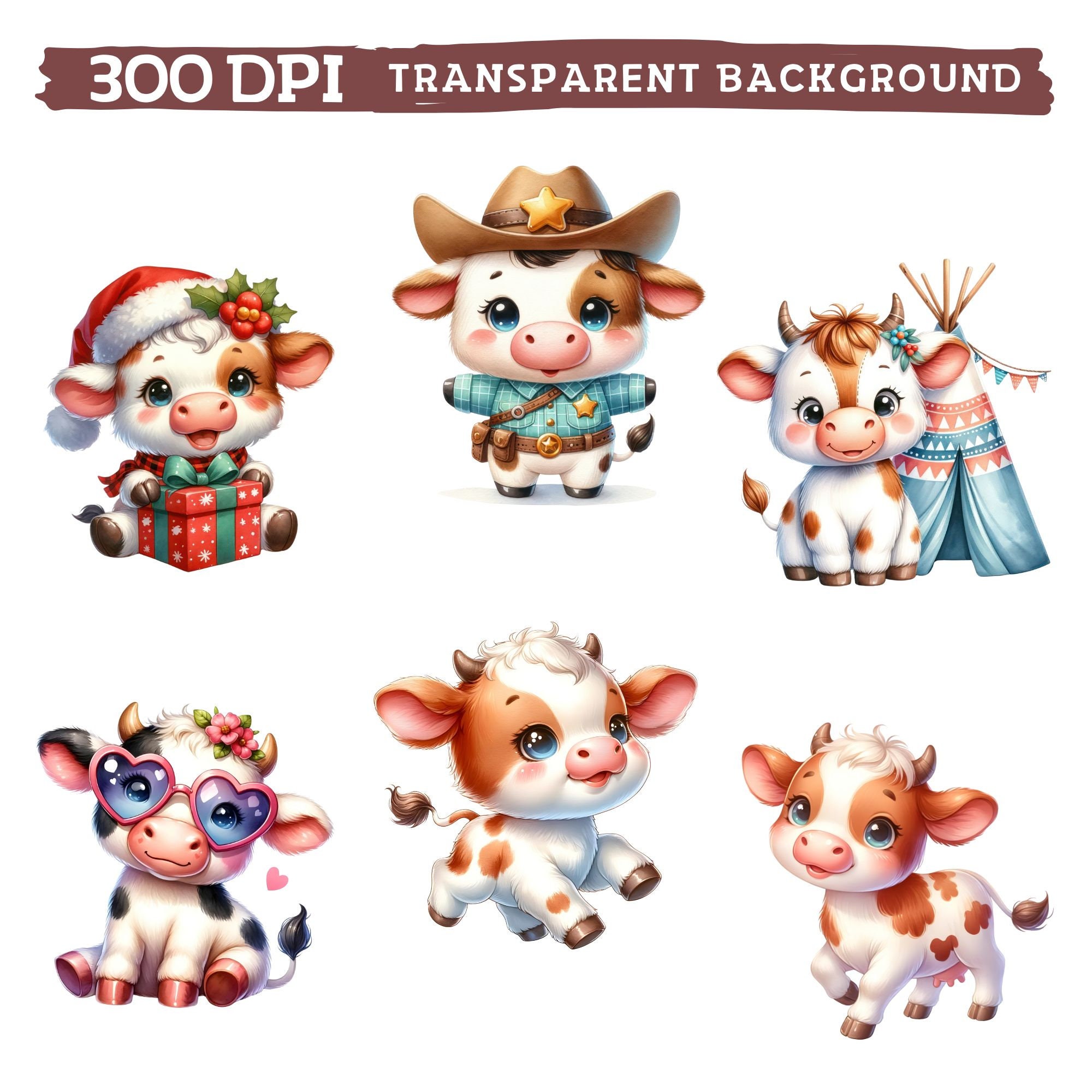 Cute Cow Clipart, Watercolor Baby Cow Nursery, Cow Sleep on Moon, Cow ...
