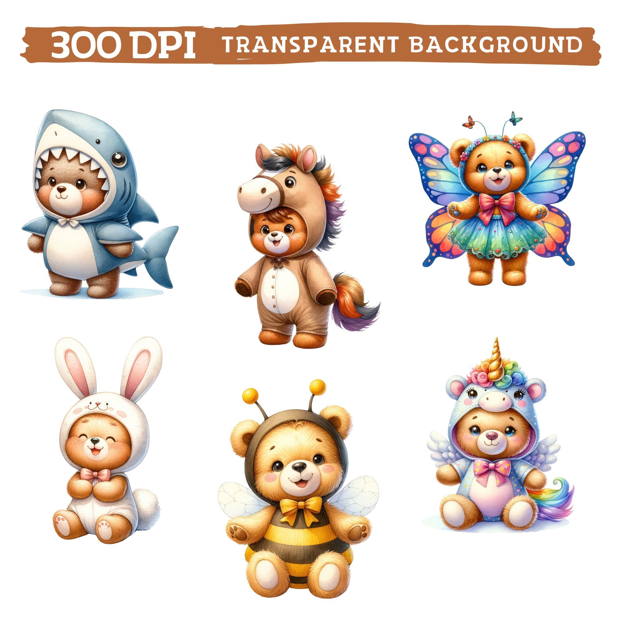 Cute Bear in Costume Clipart, Watercolor Adorable Animal Dress-up ...