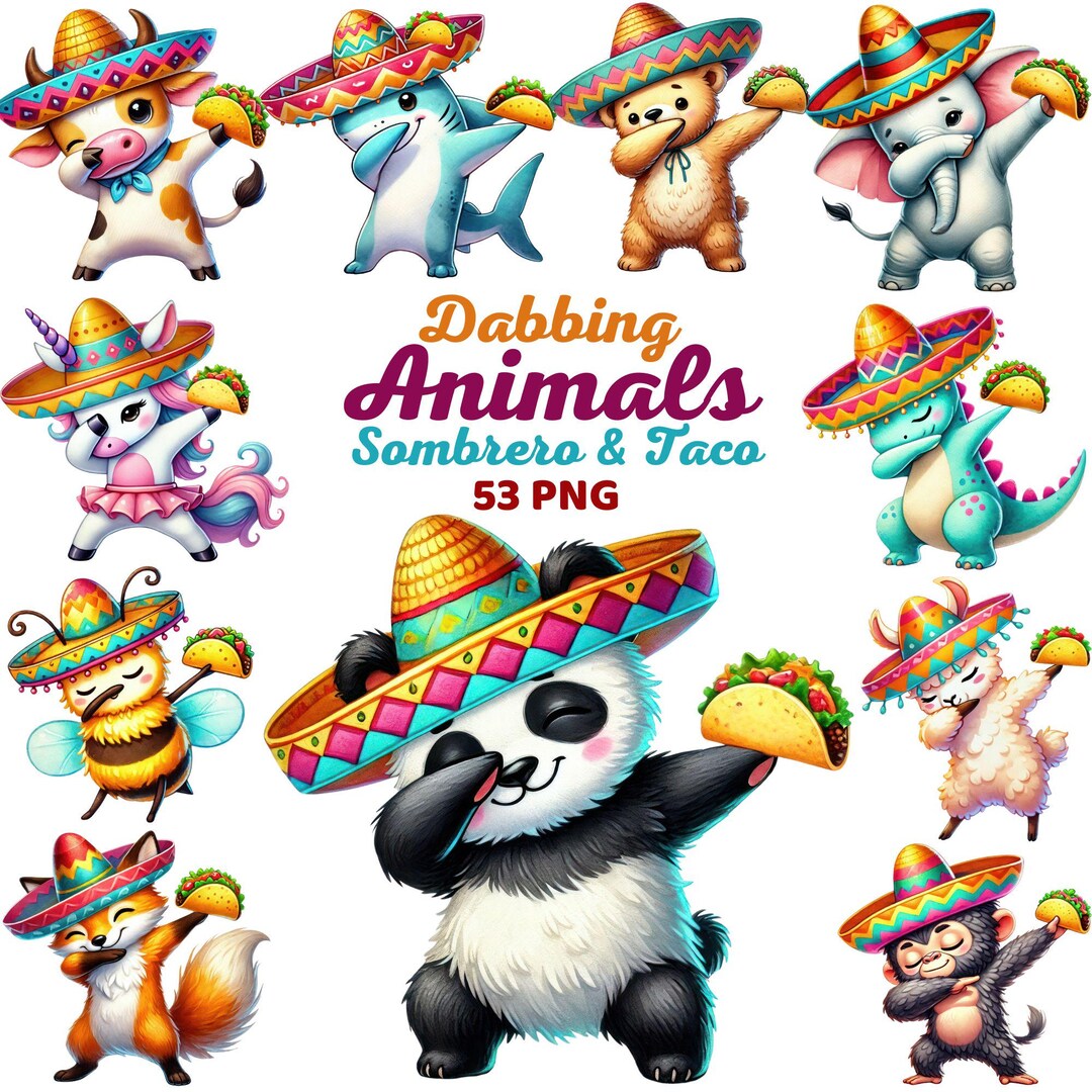 Dabbing Animals Wearing Sombrero With Taco Clipart, Cinco De Mayo Cute ...