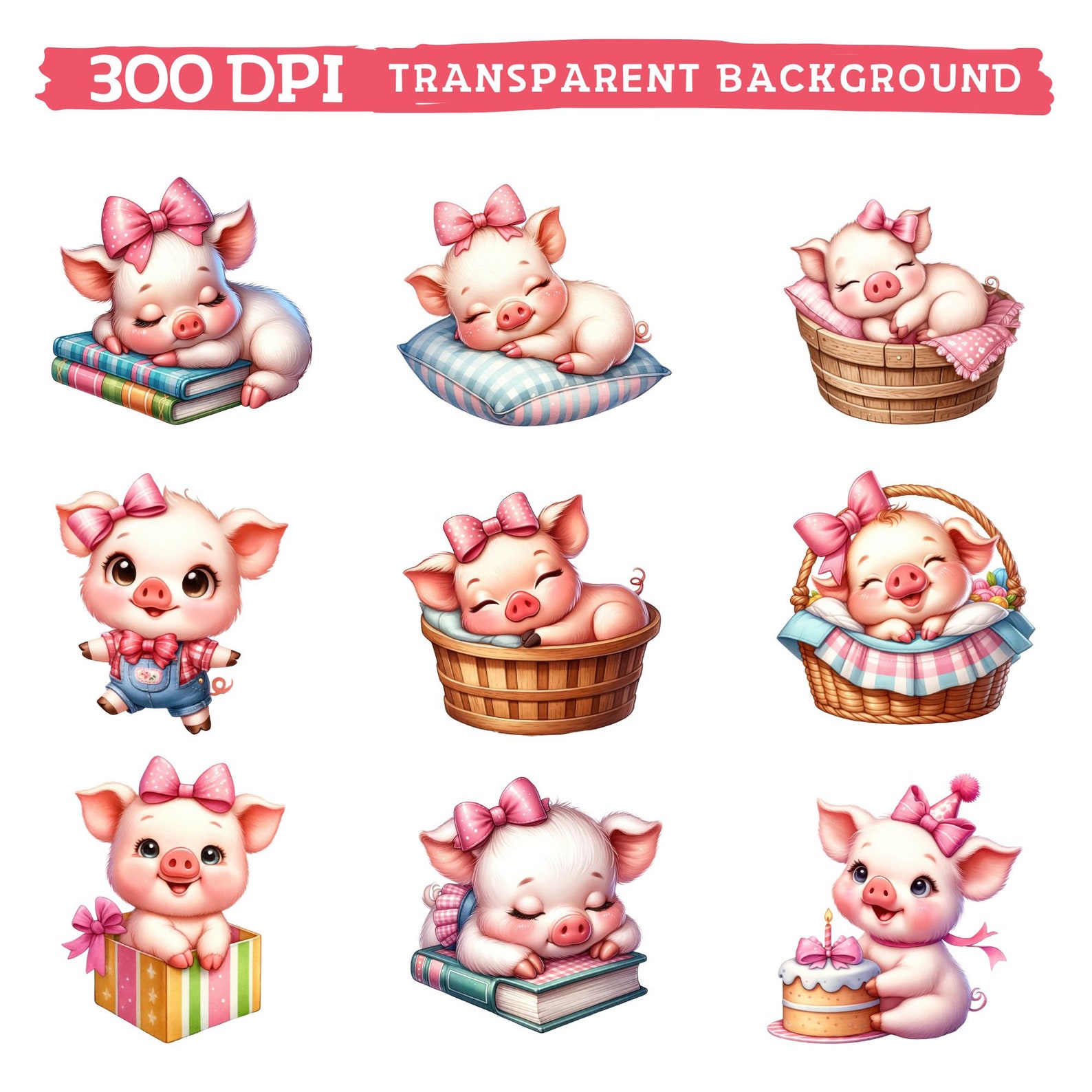 Cute Pig Clipart, Watercolor Baby Pig Nursery, Pig Sleep on Moon, Pig ...