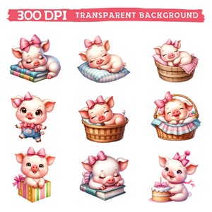 Cute Pig Clipart, Watercolor Baby Pig Nursery, Pig Sleep on Moon, Pig ...