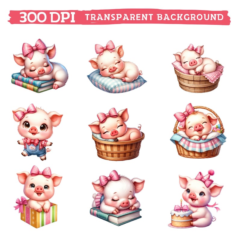 Cute Pig Clipart, Watercolor Baby Pig Nursery, Pig Sleep on Moon, Pig ...