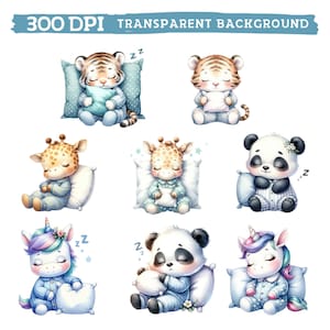 Watercolor Cute Sleepy Animals Clipart, Pajamas Sleeping Baby Animal ...