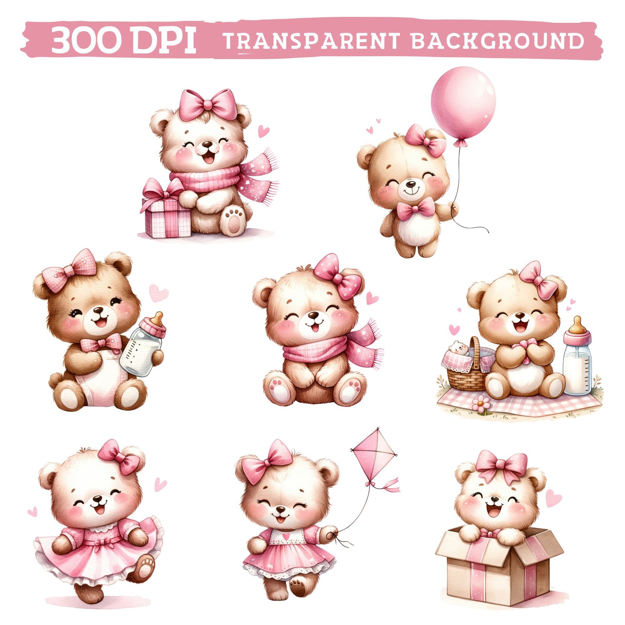 Watercolor Cute Baby Girl Bear Clipart, Sweet Bear Pink Nursery ...