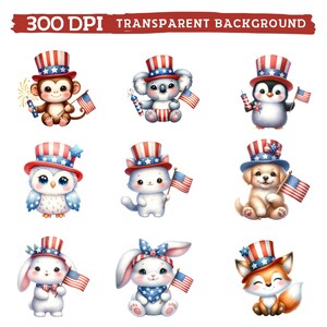 4th of July Animals Clipart, Watercolor Cute Patriotic Nursery ...