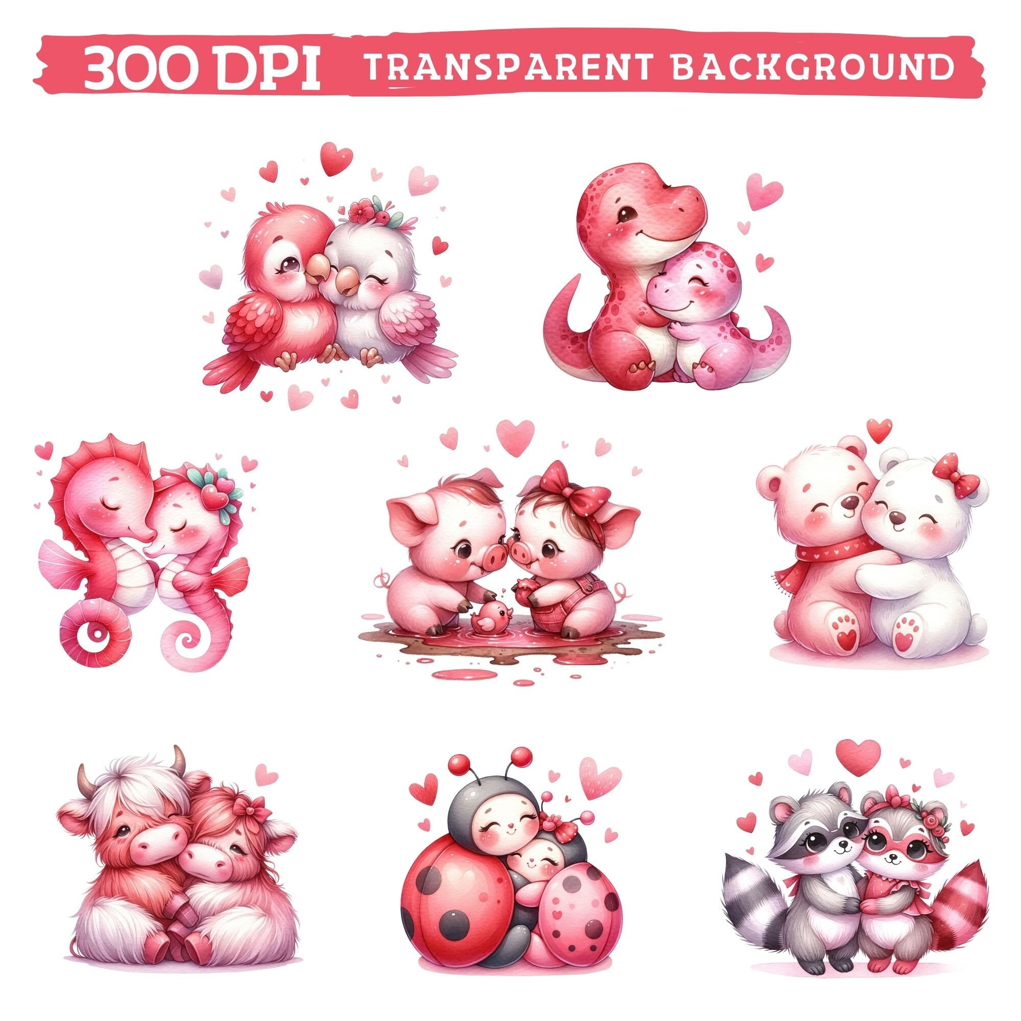 Watercolor Cute Couple Animals Clipart, Pink Romantic Baby Animal ...