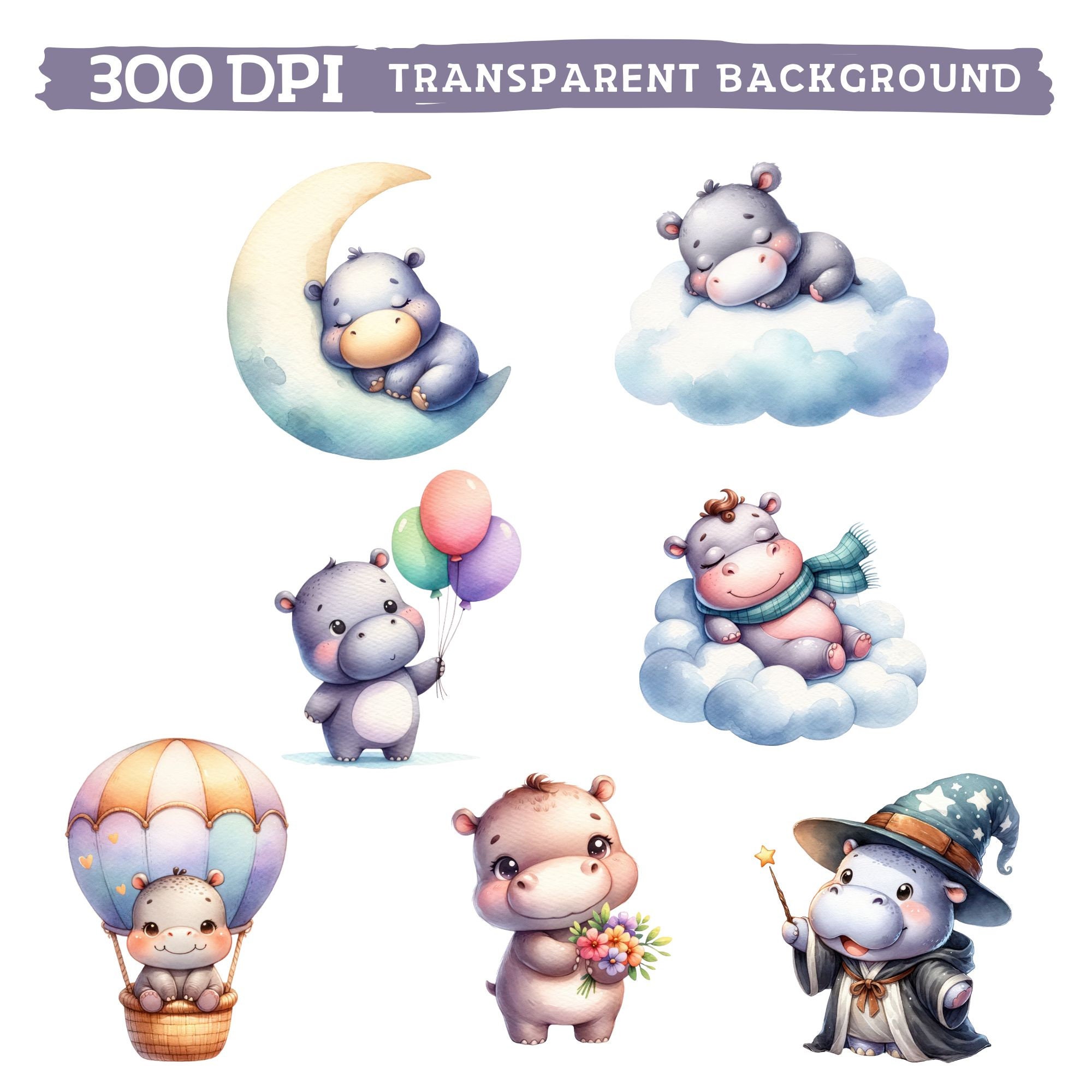 Cute Hippo Clipart, Watercolor Hippo Nursery Decor, Safari Birthday ...