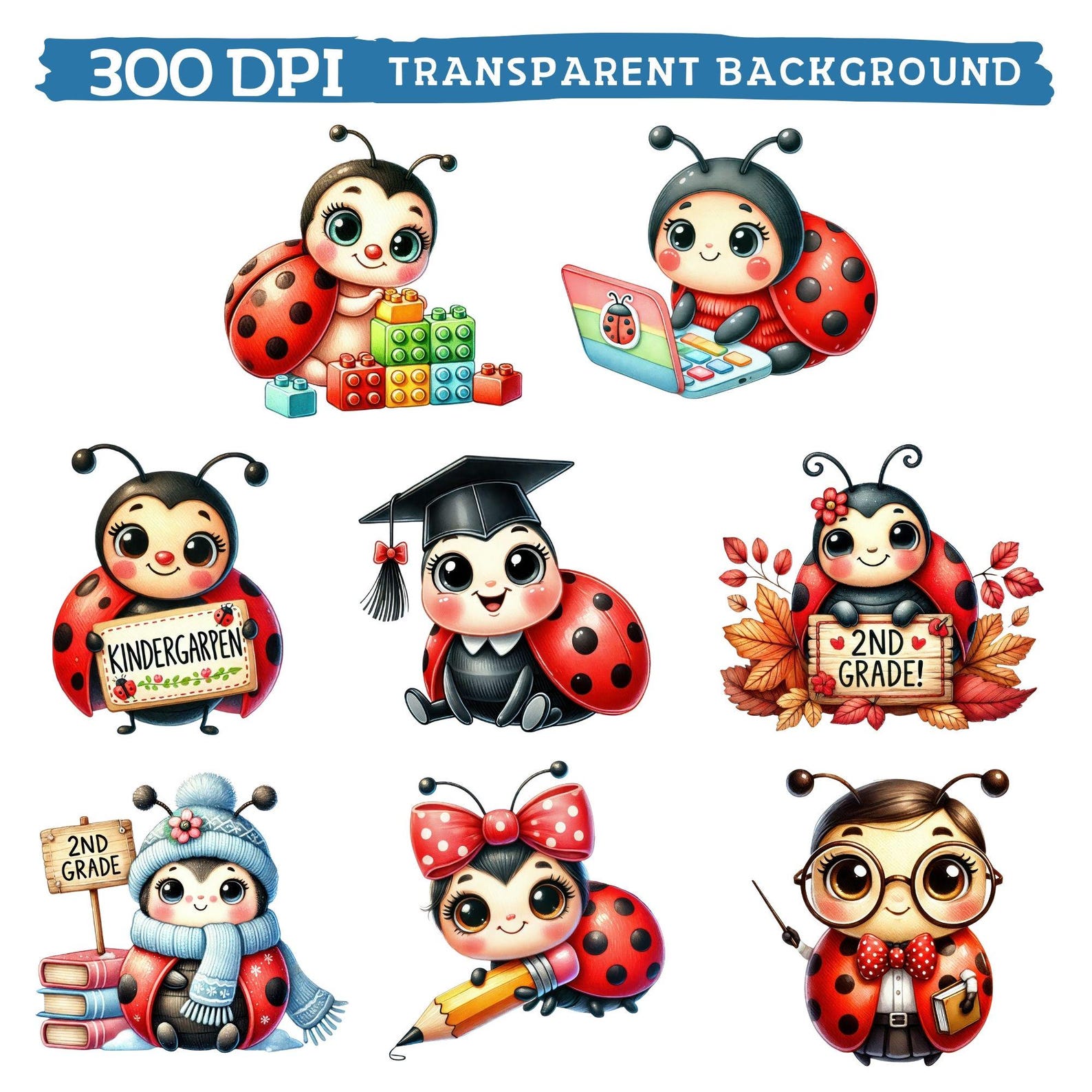 Ladybug Back to School Clipart Watercolor Cute Teacher Ladybug, Student ...