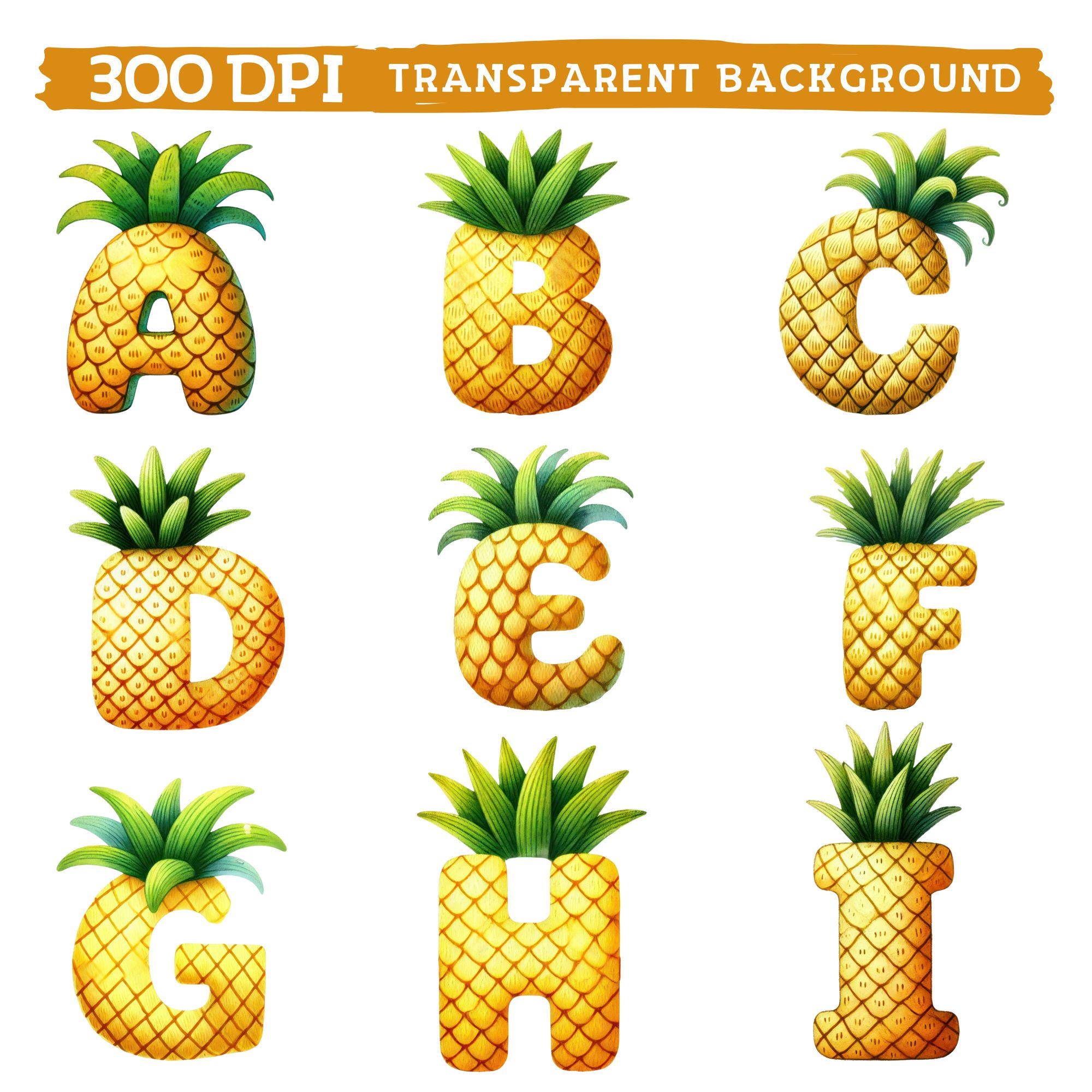Pineapple Alphabet Clipart, Watercolor Tropical Letters and Numbers ...