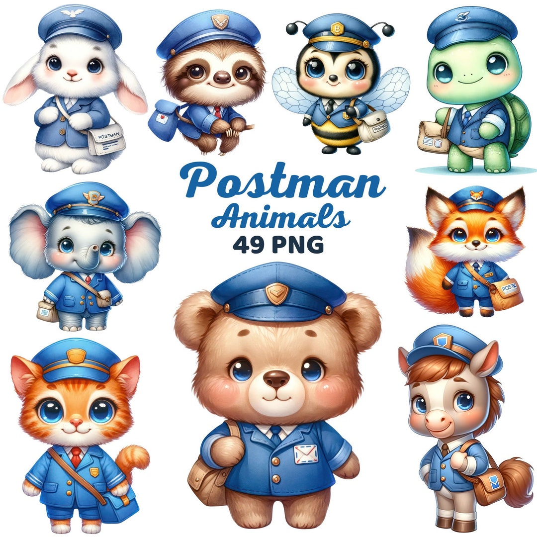 Postman Animals Clipart, Watercolor Cute Postal Worker Occupation ...