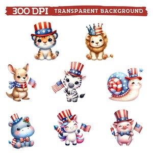 4th of July Animals Clipart, Watercolor Cute Patriotic Nursery ...